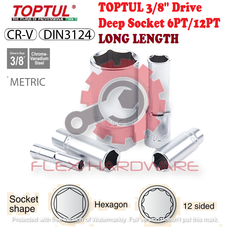 TOPTUL 3/8'' Dr. Deep Length Long Length Hand Socket 6PT/12PT (8mm ...