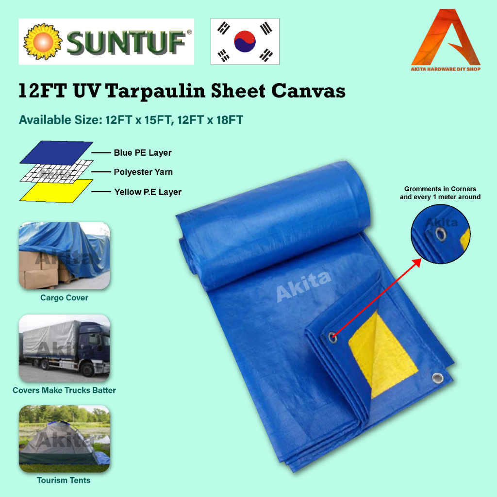 SUNTUF 12FT Blue Yellow UV Tarpaulin Sheet Waterproof Canvas 12FT x ...