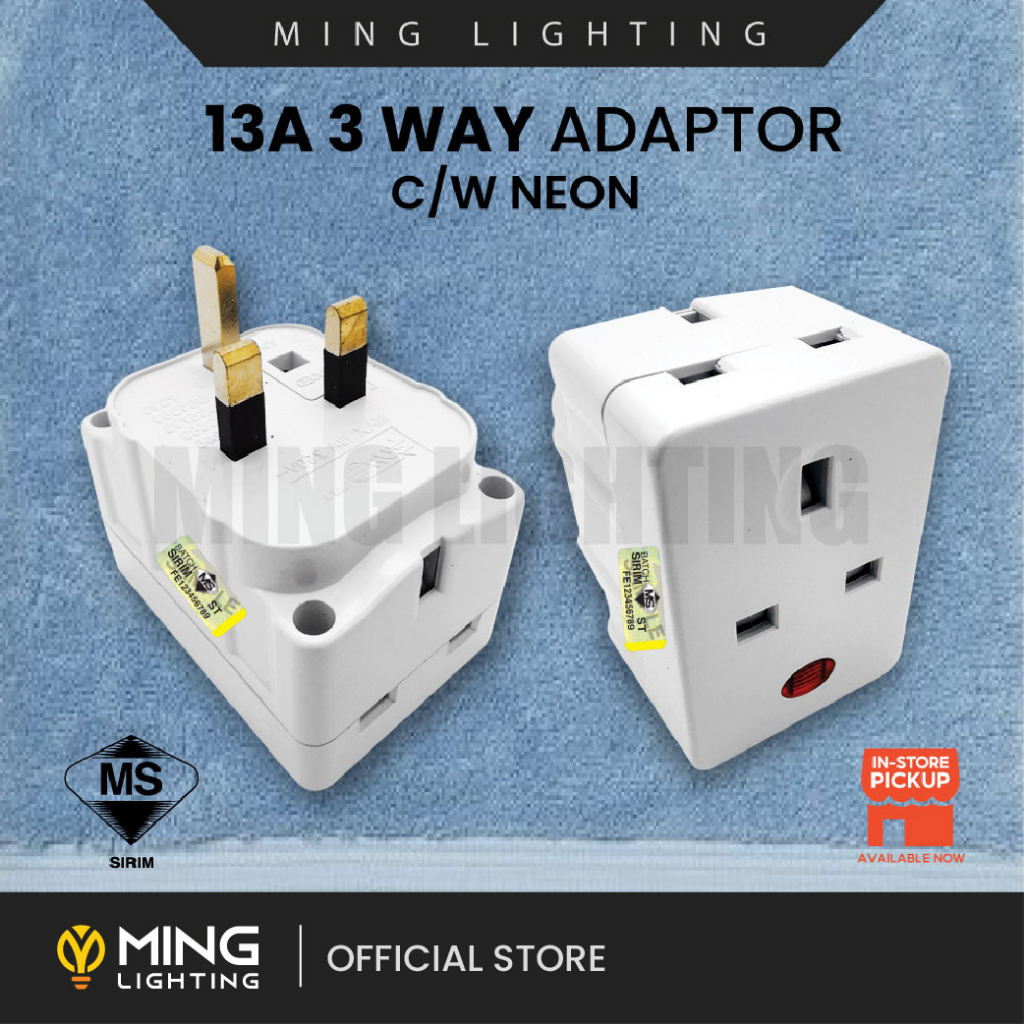 [sirim] 3 Way Multiple Adapter 3 Gang Pin Socket Plug Switch Multi Adaptor Charger Led Neon