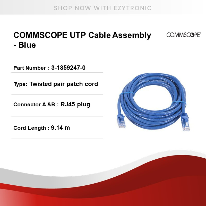 COMMSCOPE UTP Cable Assembly with RJ45 Plug 30 ft - Blue P/N: 3-1859247 ...