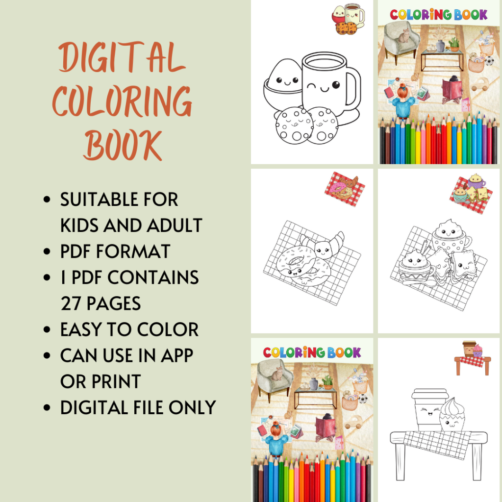 Kawaii Coloring Book with sample| Glass & Food Digital Book | Digital ...