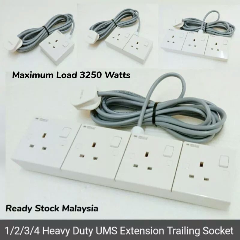 Heavy Duty 1/2/3/4 Gang UMS Trailing Extension Power Socket Plug Wire ...