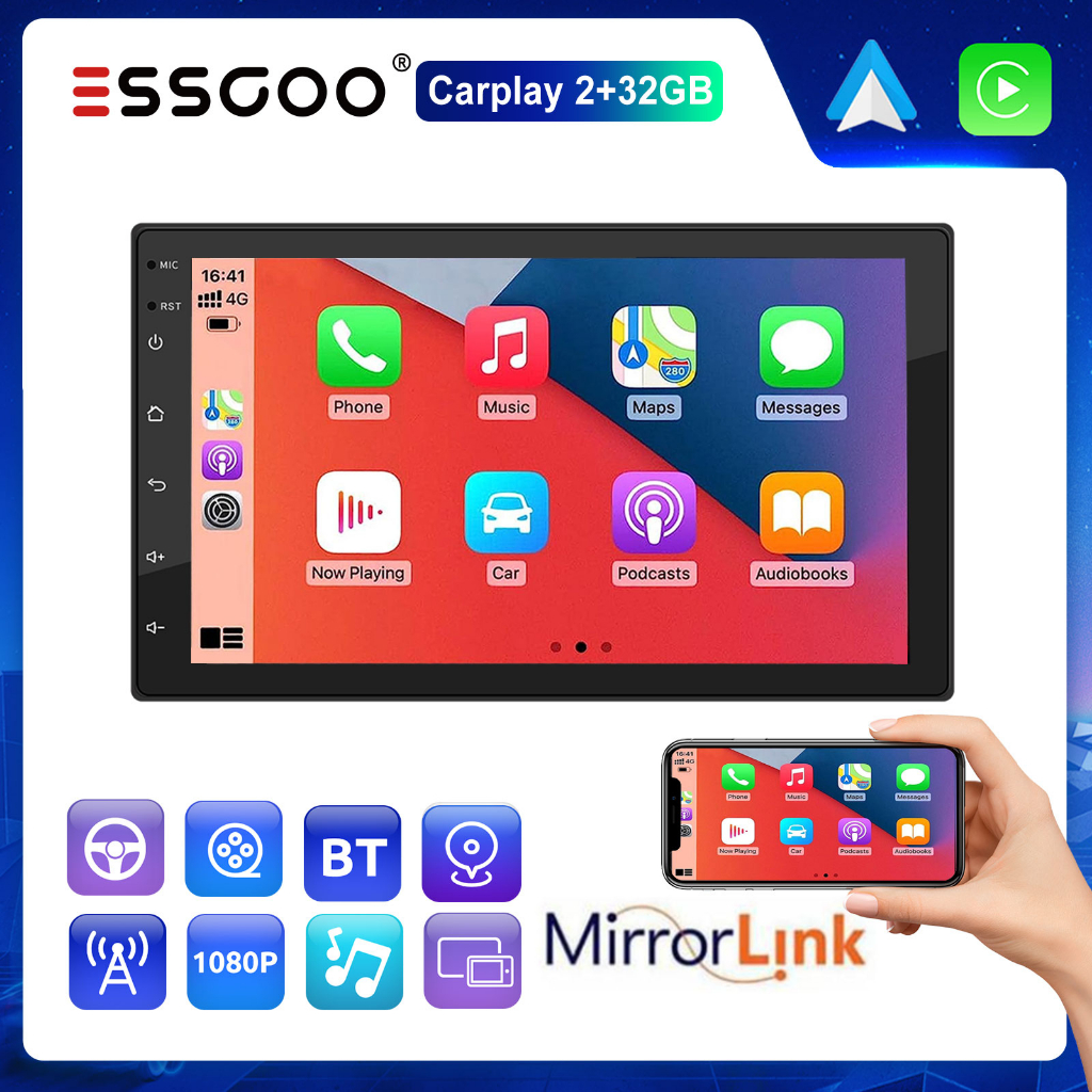 ESSGOO Carplay Android Car Player 7" inch IPS Touch Screen Double Din ...