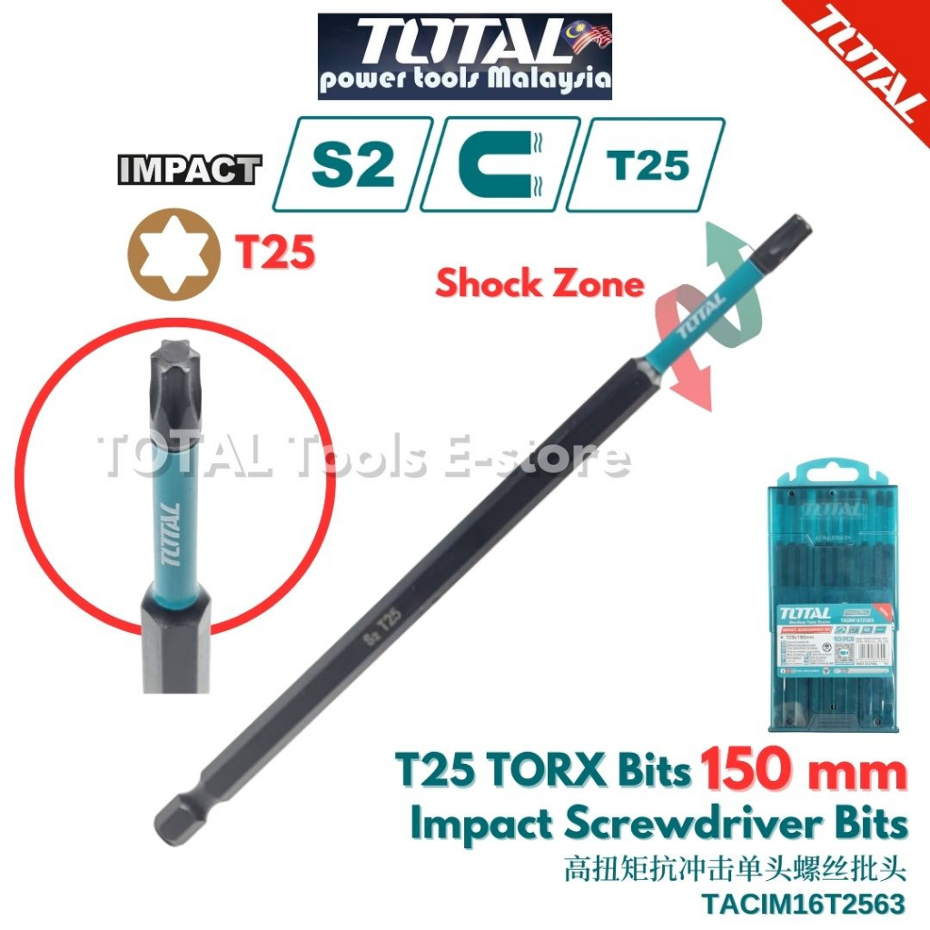 TOTAL T25 TORX Impact Screwdriver Bits 150mm 梅花冲击螺丝批头 - TACIM16T2563 ...