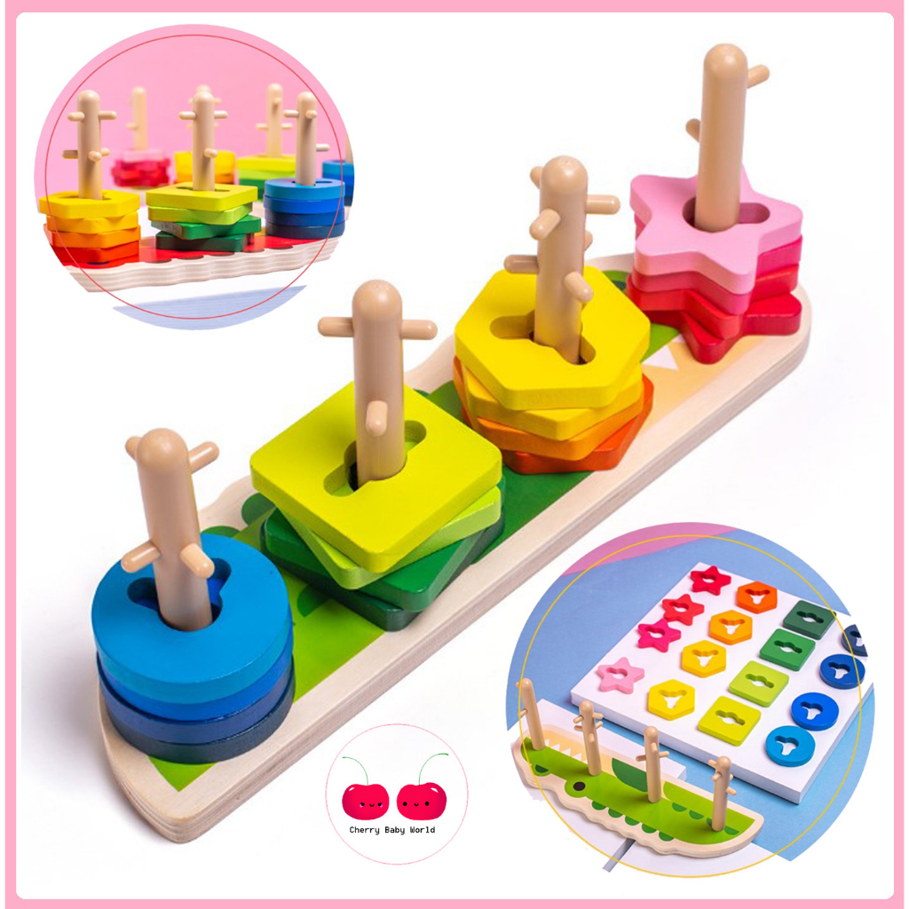 Fine Motor Skill Toys Kids Wooden Column Puzzle Shape Matching Colour ...