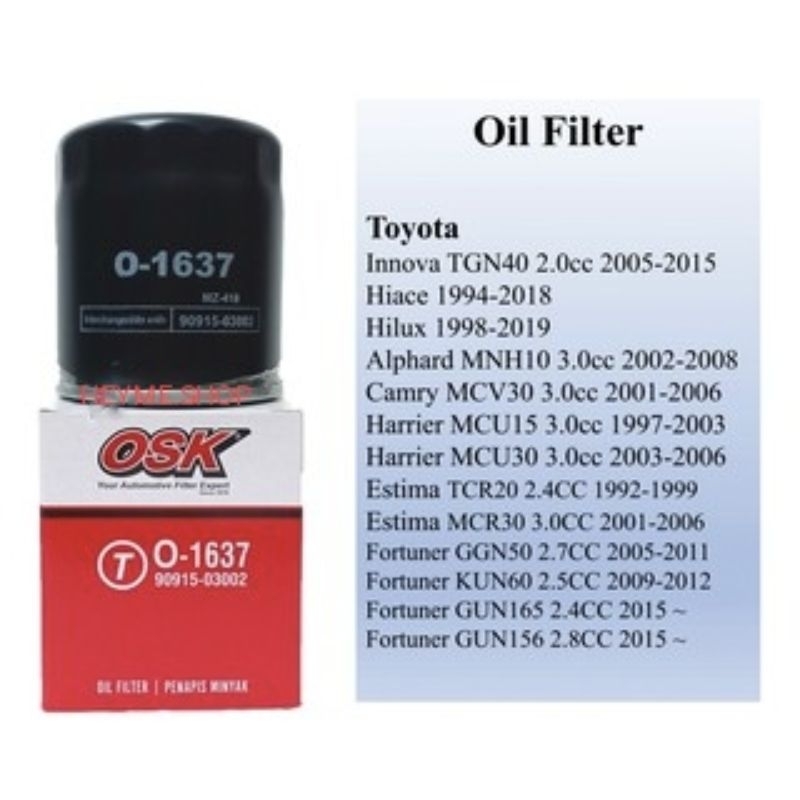 Osaka (OSK) O-1637 Oil Filter -Toyota Hilux KUN25,6 GUN125,6 Hiace ...