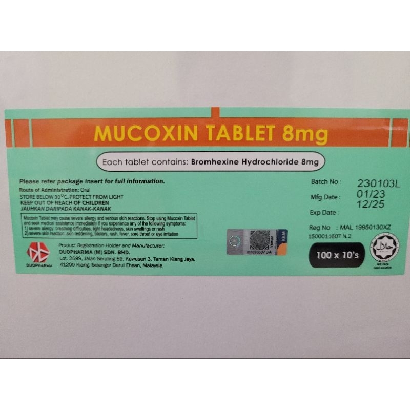 Mucoxin (Bromhexine 8mg) 100x10's/Box RM58 (RM0.58 x 100 strips ...