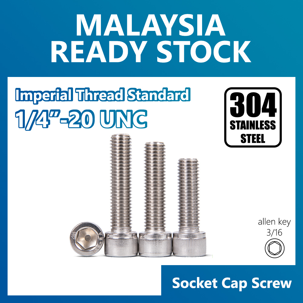 1/4"-20 UNC Socket Cap Head Imperial Standard Inch 304 Stainless Steel ...