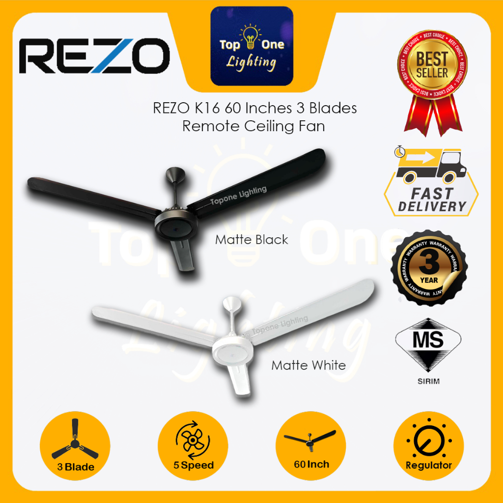 REZO K16 60 INCH 3 BLADE 5 SPEED K16 MATTE BLACK AC MOTOR CEILING FAN WITH REGULATOR CONTROL [3 ...