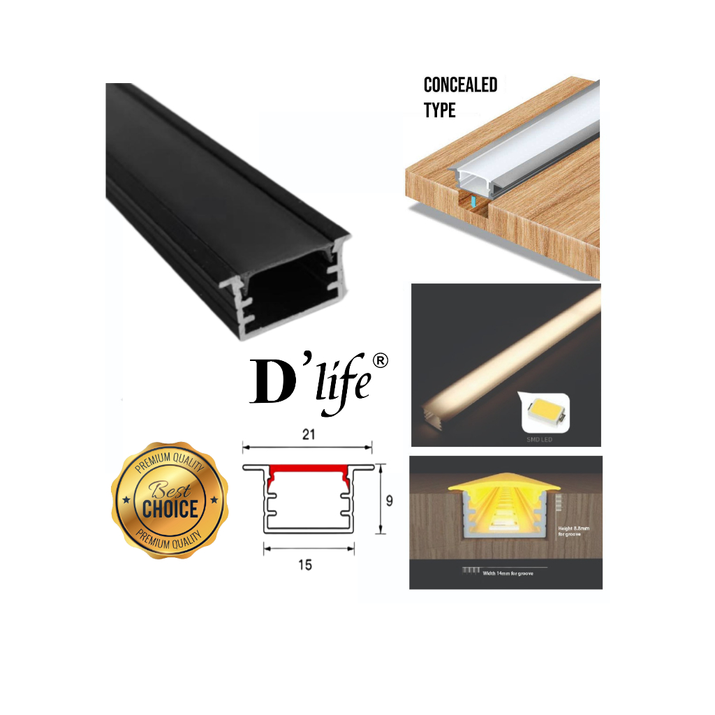 D'Life LED Casing Aluminum Silver U Channel Milky Cover Profile Track ...