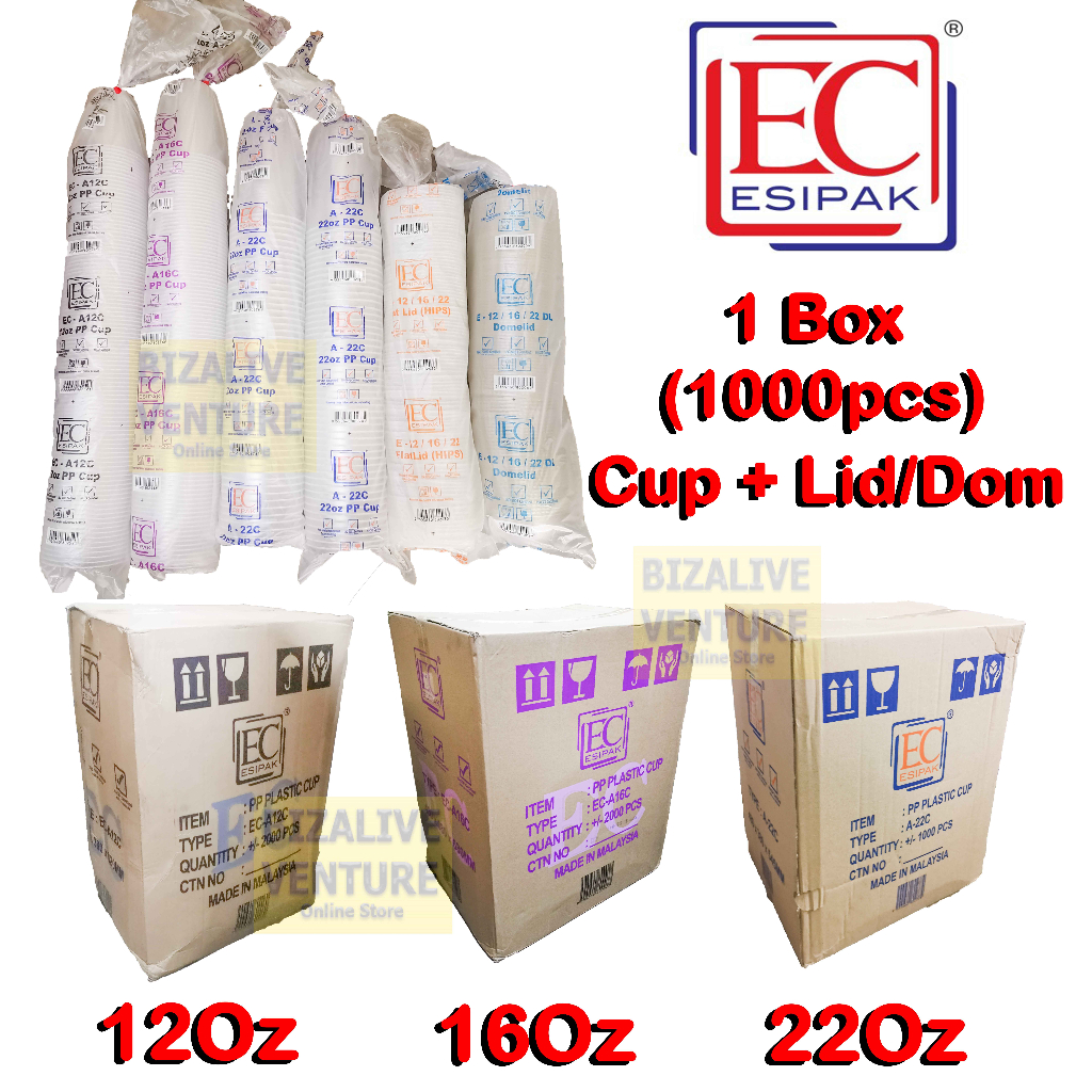 (1 Box=1000pcs) EC12Oz , EC16Oz , EC22Oz PP Cup With Flat Lid | Cawan ...