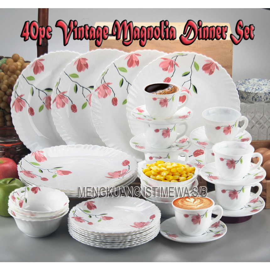 40pc 8 PAX Opal glass Vintage Magnolia Dinner set SE40092 | Shopee Malaysia