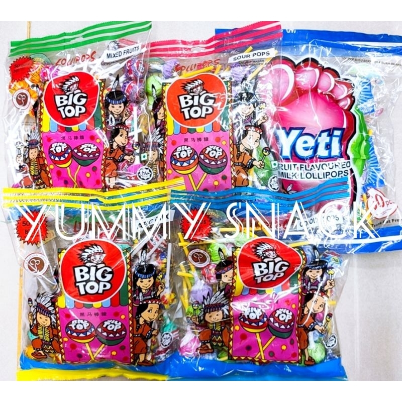 [50pieces] Big Top Lollipop Mix Fruits ABC Mix Sour Pop Yeti Milky | Shopee Malaysia