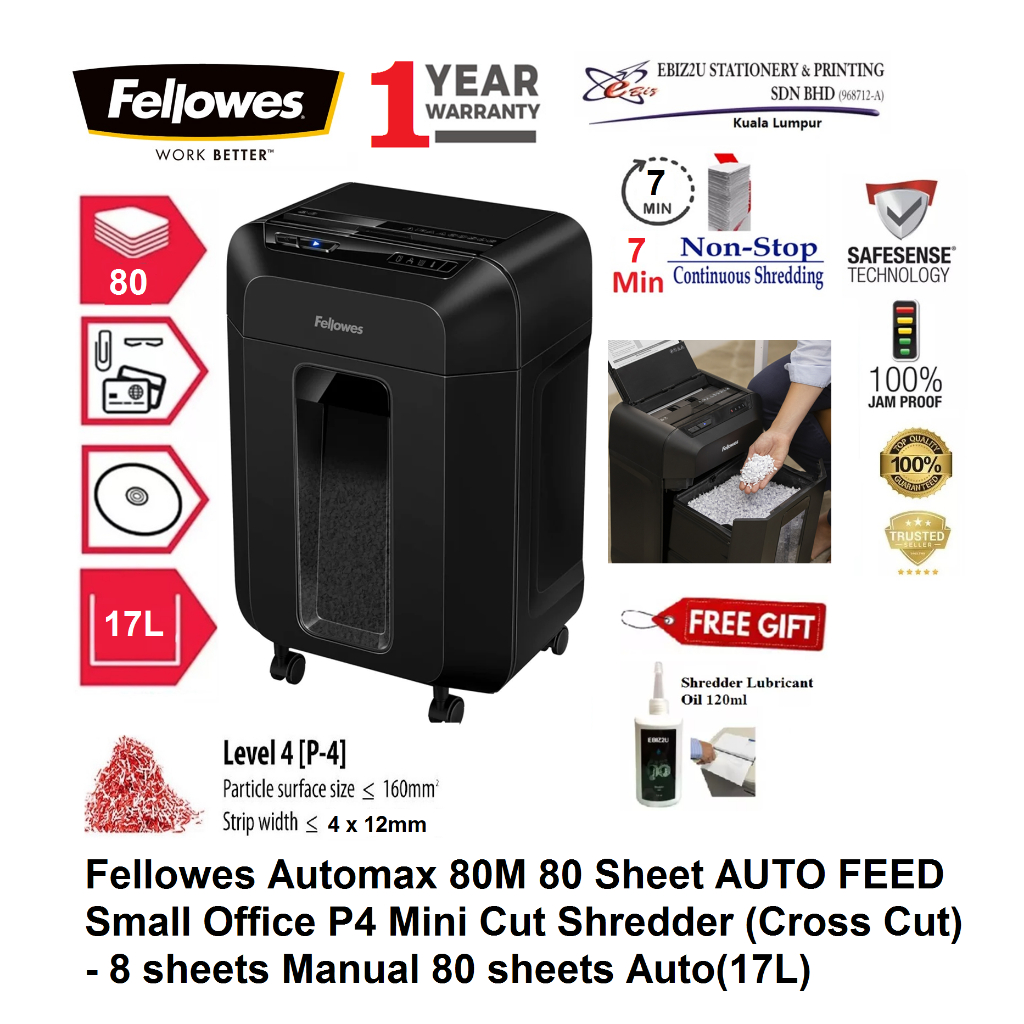Fellowes Automax 80M 80 Sheet AUTO FEED Mini Cut Shredder (Micro Cut) 4 ...