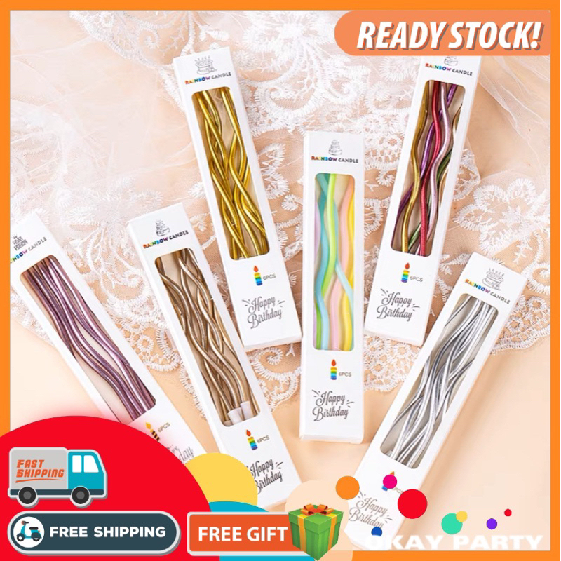 6PCS Party Curve Colorful Metallic Pencil Candle Birthday Cake ...