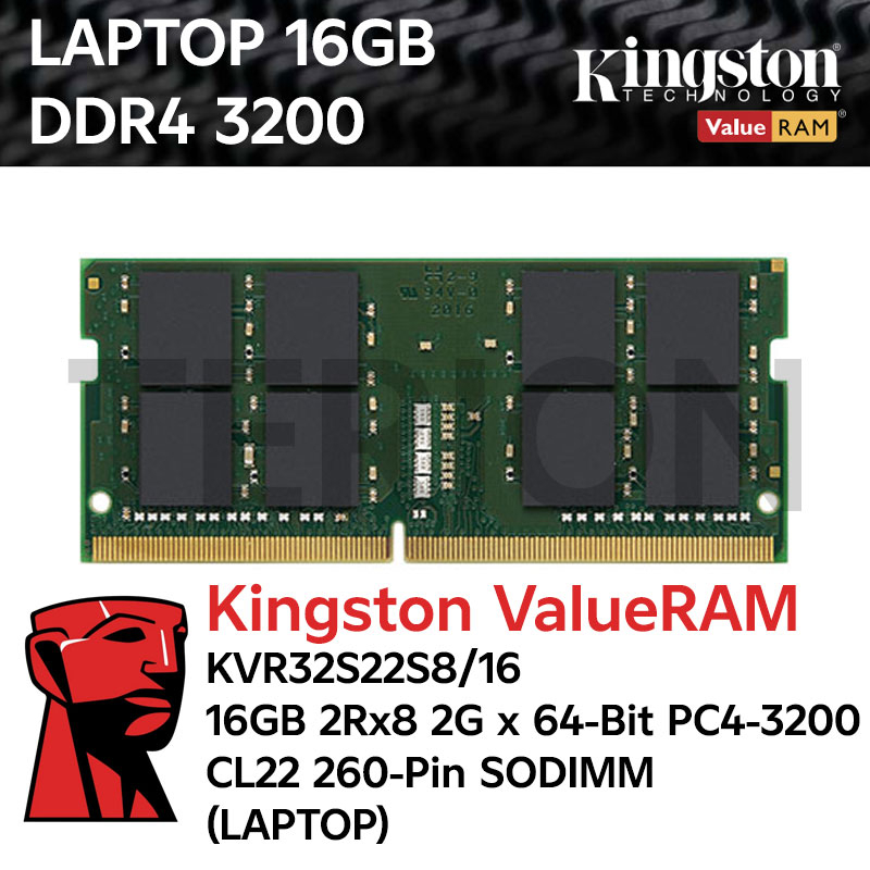 Kingston Laptop Value RAM KVR32S22S8/16 16GB 2Rx8 2G x 64-Bit PC4-3200 ...