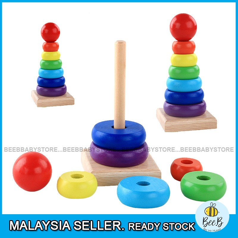 Blok Pembinaan Menara Pelangi Kayu Kids Educational Puzzle Tower Set ...