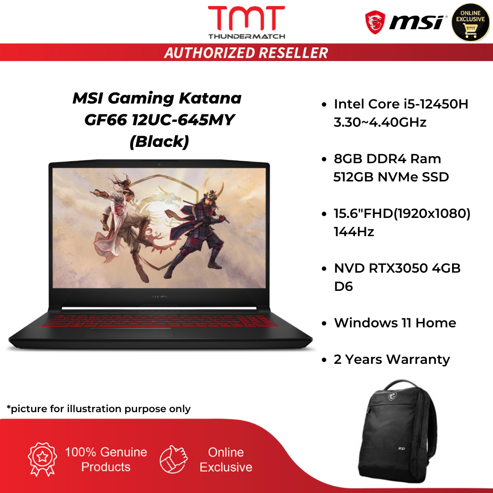 MSI Gaming Katana GF66 12UC-645MY Gaming Laptop | i5-12450H | 8GB RAM 512GB SSD | 15.6"FHD 144Hz ...