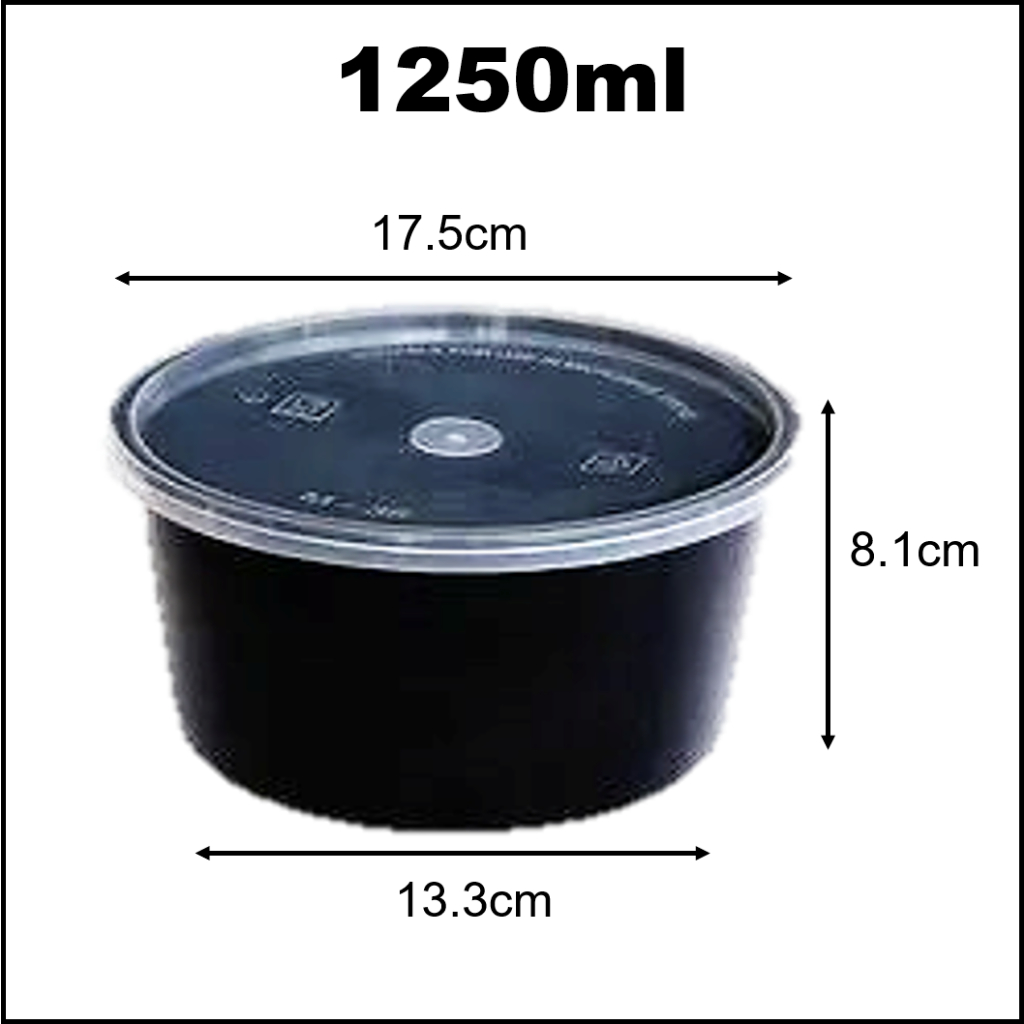 Black Round Container with Flat Clear Lid 800ml 1000ml 1250ml Take Away ...