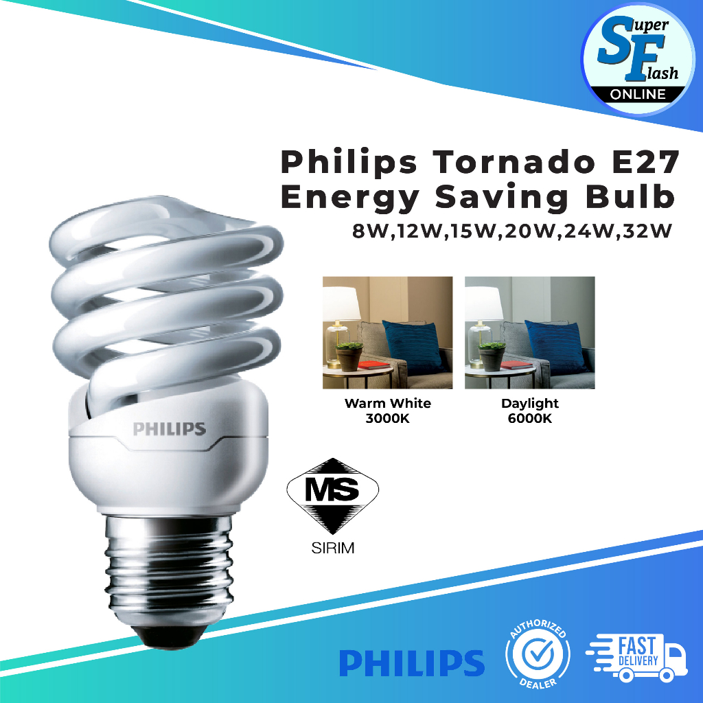 Philips Tornado E27 Energy Saving Bulb(8W,12W,15W,20W,24W)(Helix 32W ...