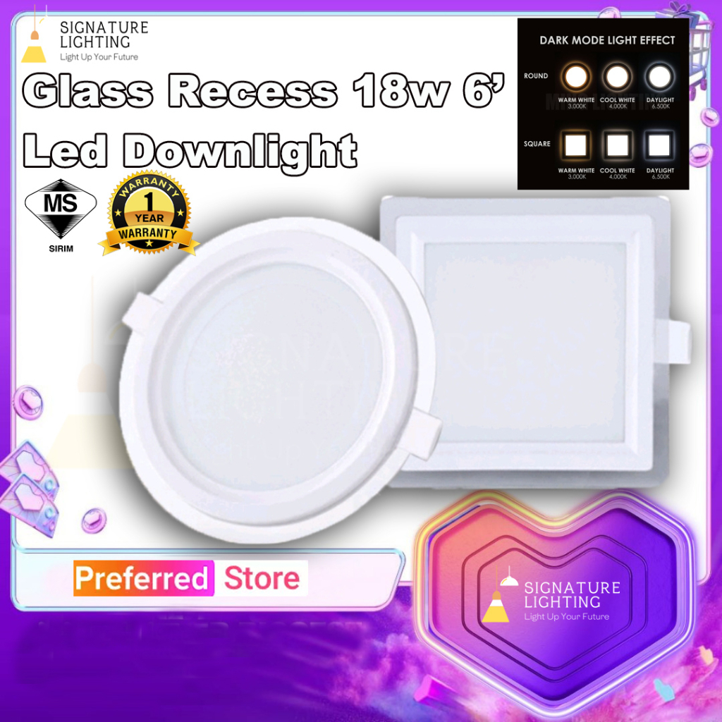 Led Downlight Glass Panel Ceiling Light 18w Round & Square 6inchi 200mm ...