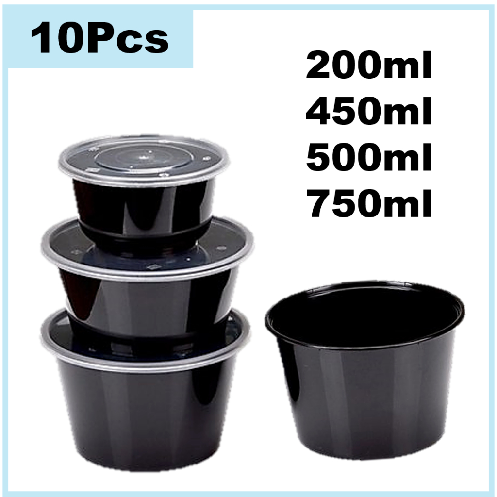 10pcs Black Round Container with Flat Clear Lid 200ml 450ml 500ml 750ml ...