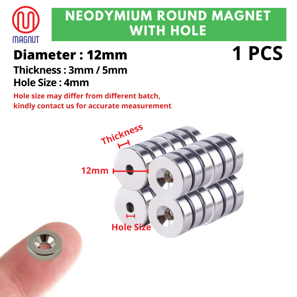 1pcs 12mm x 3mm / 5mm - Rare Earth Neodymium Round Magnets with Hole ...