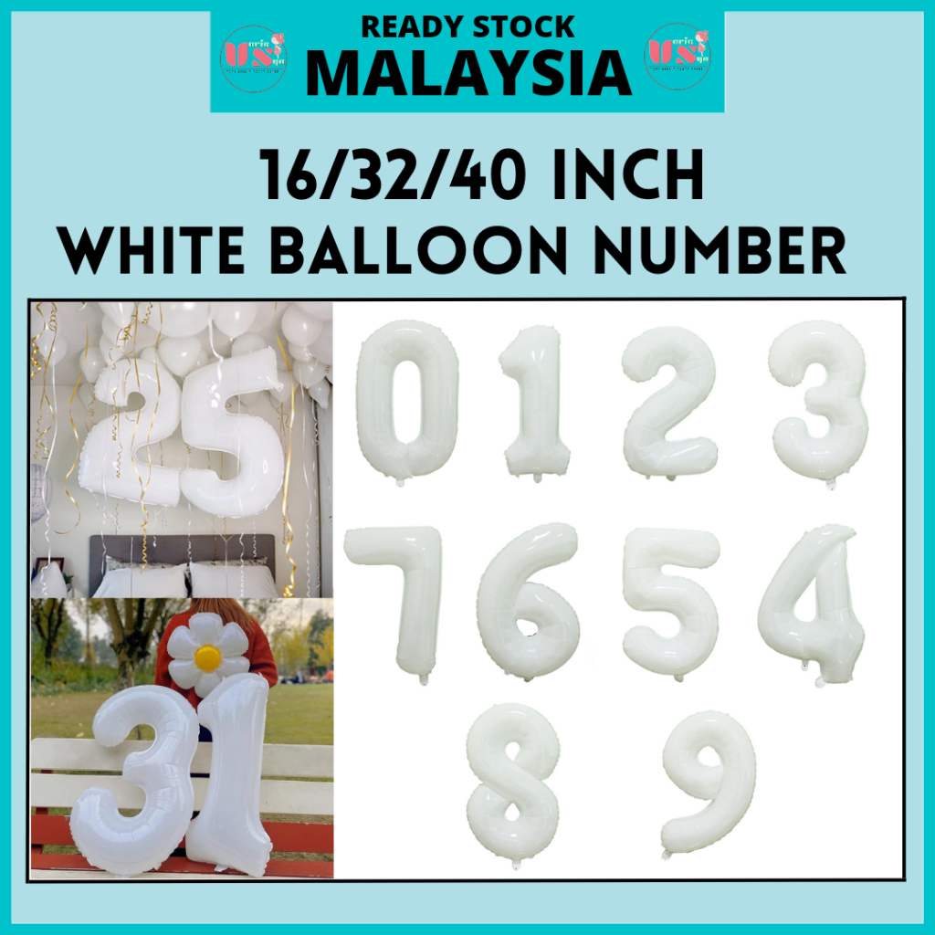 [16/32/40 INCH] Large White Number Foil Balloons Happy Birthday Wedding ...