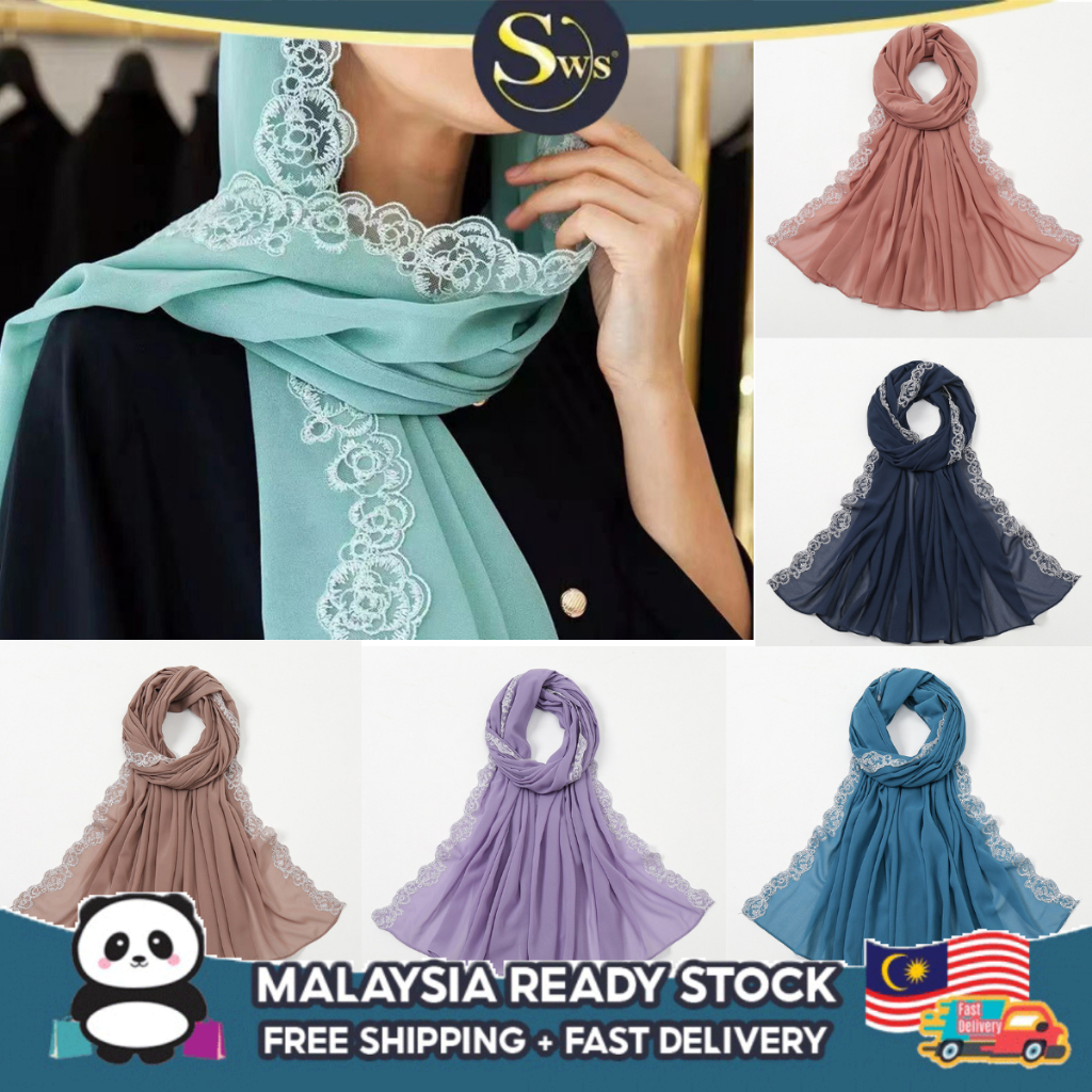 SWS Women Chiffon Hijab Shawl With Lace Wanita Side Lace Chiffon Tudung ...