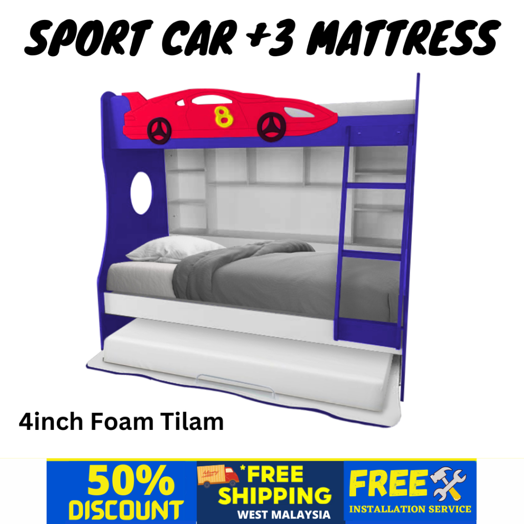 ⭐ Free Installation ⭐Hello Kitty & Sport Car 2 single bed and 1 single ...