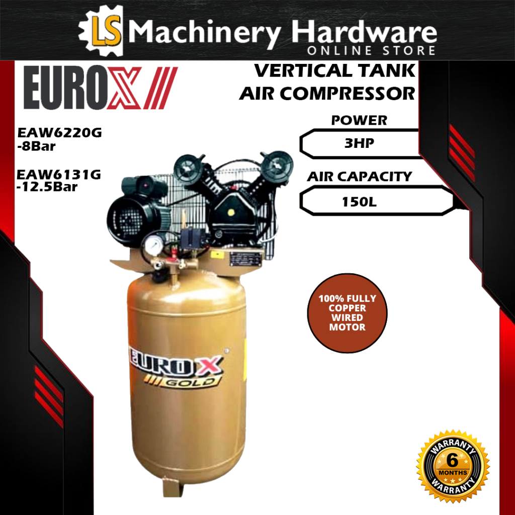 Eurox EAW6220G/EAW6131G 3HP 150Litre 8Bar/12.5Bar Vertical Tank Air Compressor - 6 Months Local ...