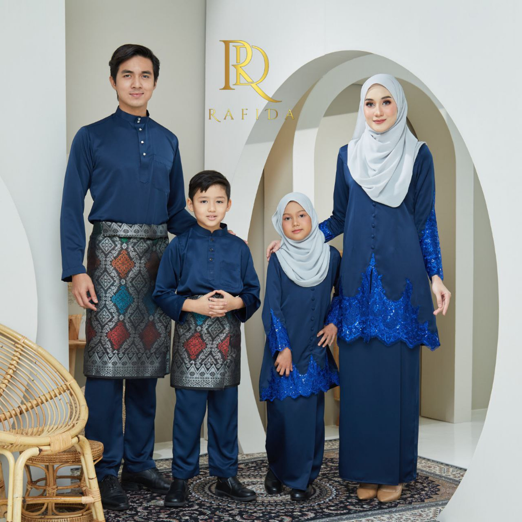 BAJU RAYA SET FAMILY BAJU KEBAYA RAFIDA DAN BAJU MELAYU (NAVY BLUE ...