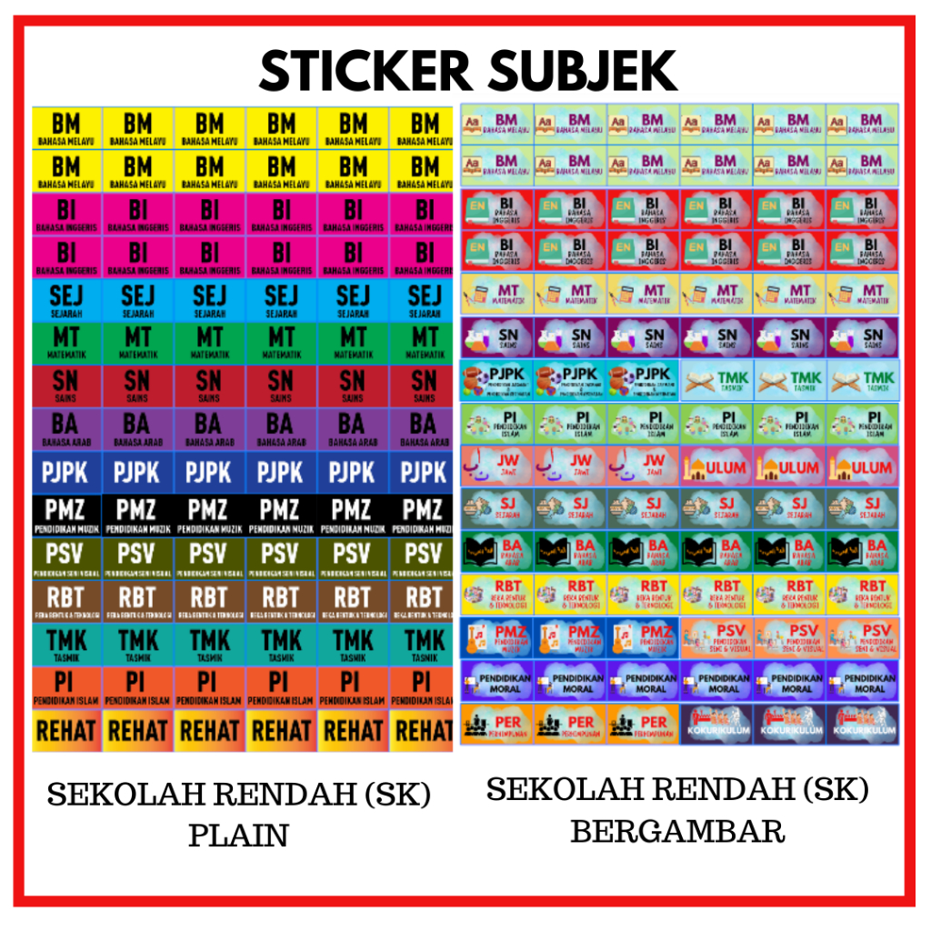 Stiker Subjek Buku Sekolah Rendah Sticker Subject Label Buku Mata Pelajaran Jadual Waktu Harian