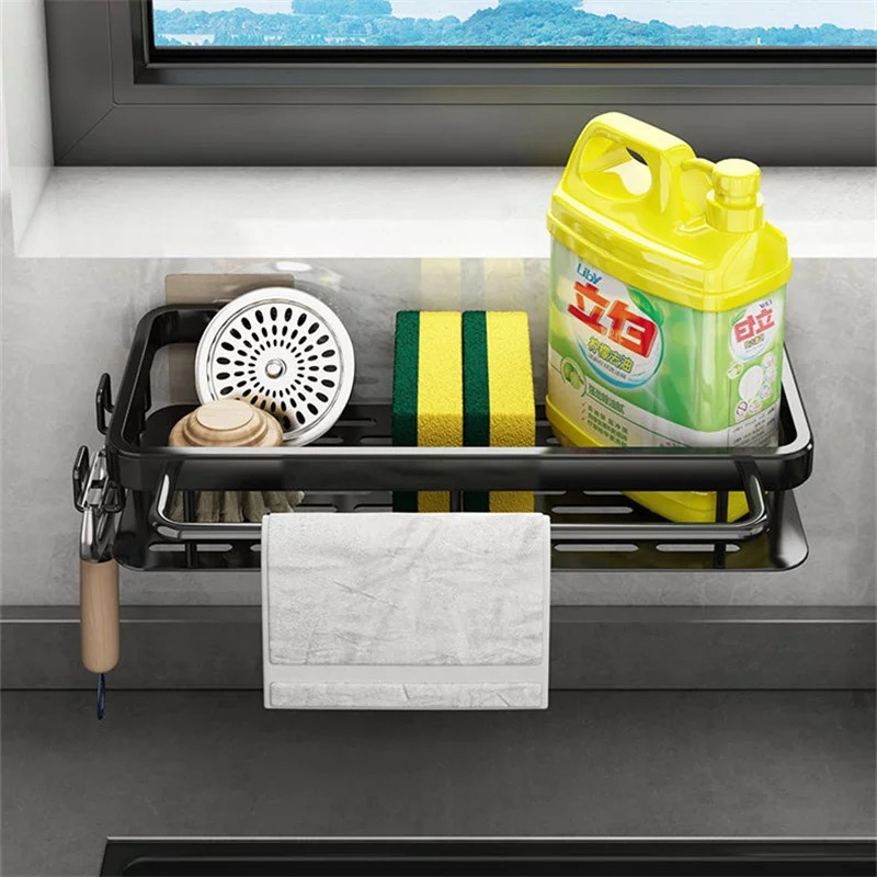 HOMS Kitchen Black Sink Rack Aluminium Drainer Sponge Storage Hanger ...