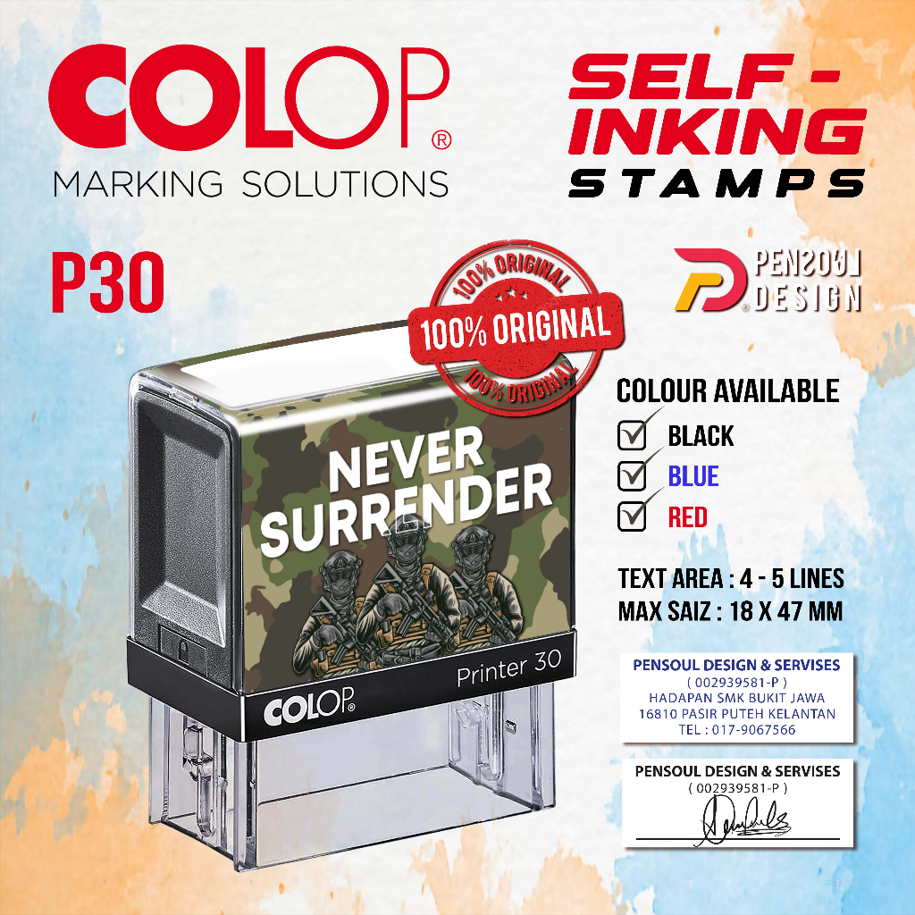 CUSTOM DESIGN COVER | COLOP PRINTER LINE - STANDARD STAMP | P30 | CUSTOM MADE SELF-INKING RUBBER ...