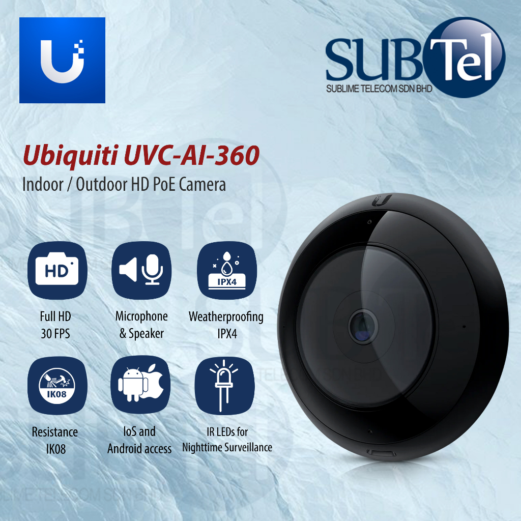 Ubiquiti UVC-AI-360 Camera 30FPS Full HD 360° fisheye lens IPX4 enclosure IK08 tamper resistance ...