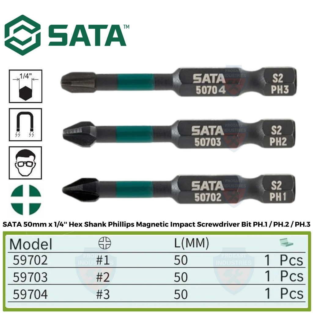 SATA 50mm x 1/4'' Hex Shank Phillips Magnetic Impact Screwdriver Bit PH ...