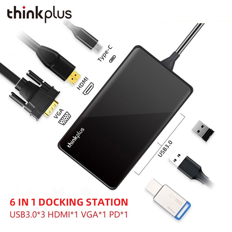 Lenovo Thinkplus Type C USB-C 6-in-1 Adapter USB Hub (4K HDMI/VGA/PD 3. ...