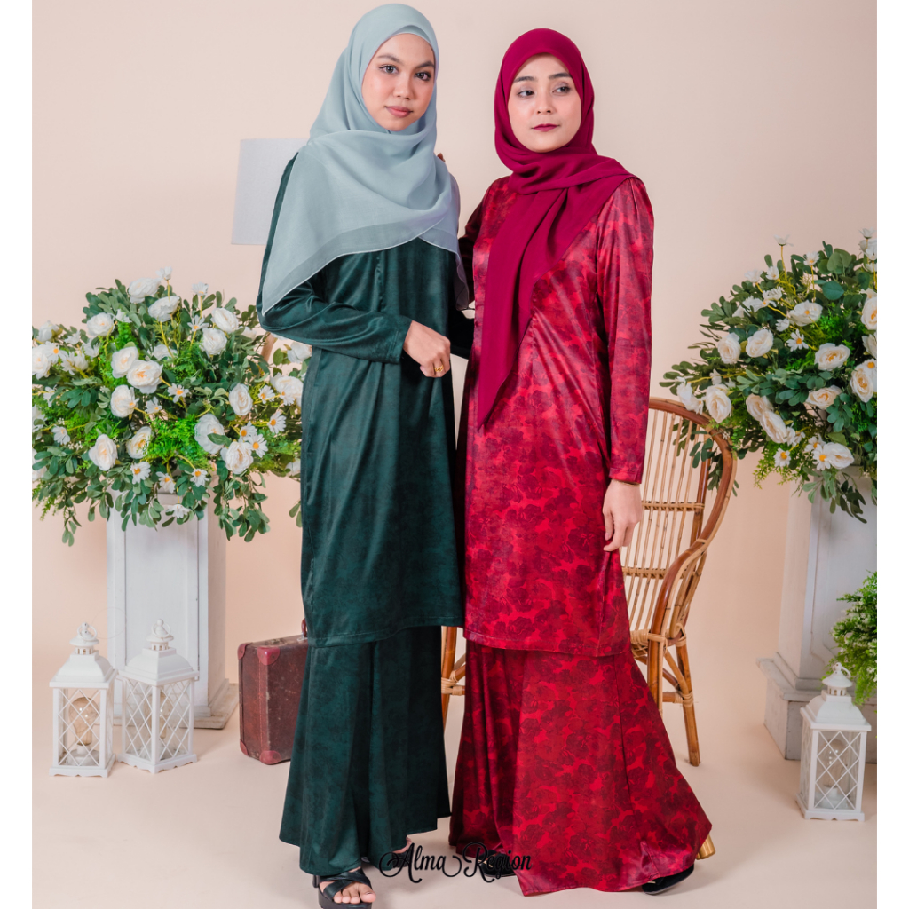 ALMA Kurung Teja Corak Klasik, Kurung Satin Moden Kain Duyung, Kain Cotton Satin Printed ...