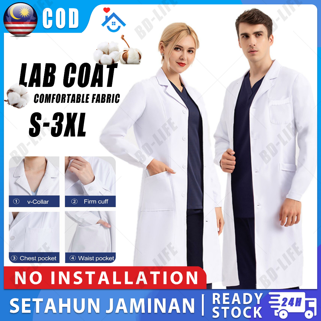 【MALAYSIA READY STOCK】LAB COAT UNISEX White Workwear Long-Sleeved BAJU ...