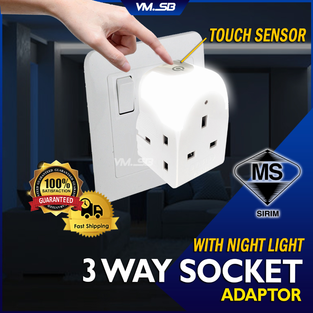 3 Way Multi Adaptor LED Night Light with Neon UK 3 Pin Plug Switch ...