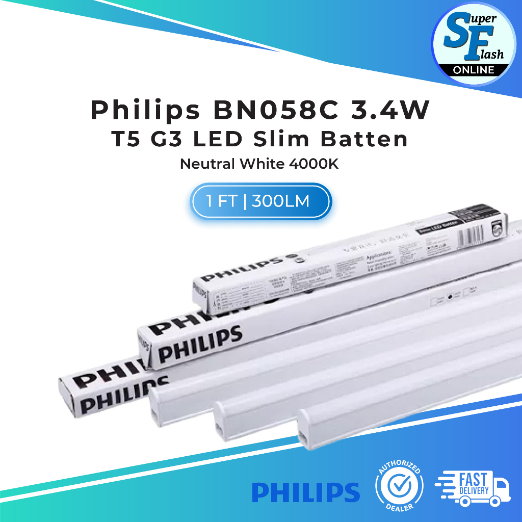 [5PCS] Philips BN058C 3.4W T5 1FT 300LM G3 LED Slim Batten (Warm White 3000K / Neutral White ...