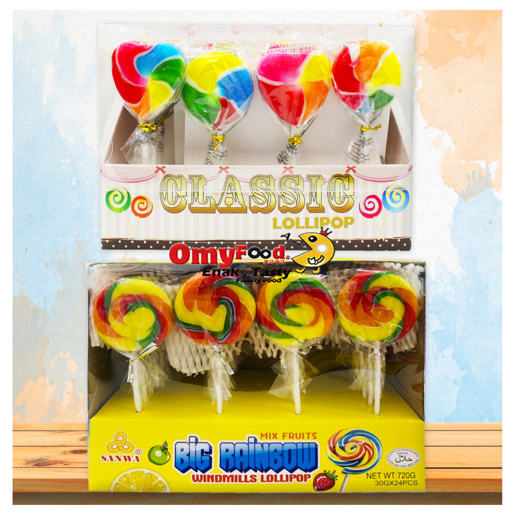 30g x 24pcs (1Box) Cindy Classic Lollipop Assorted Shape / Mix Fruit Big Rainbow Windmills ...
