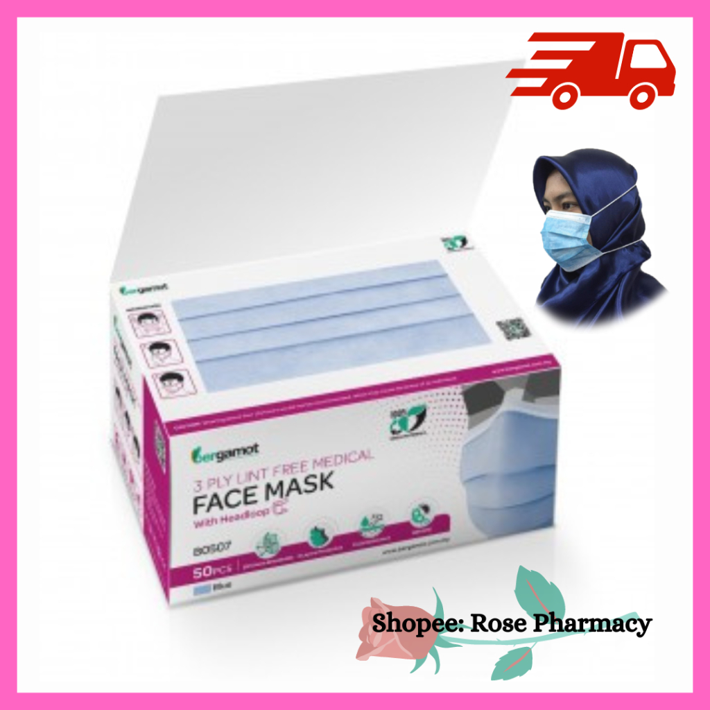 Bergamot 3 ply Lint-Free Medical Face Mask Headloop Hijab 50's | Shopee ...