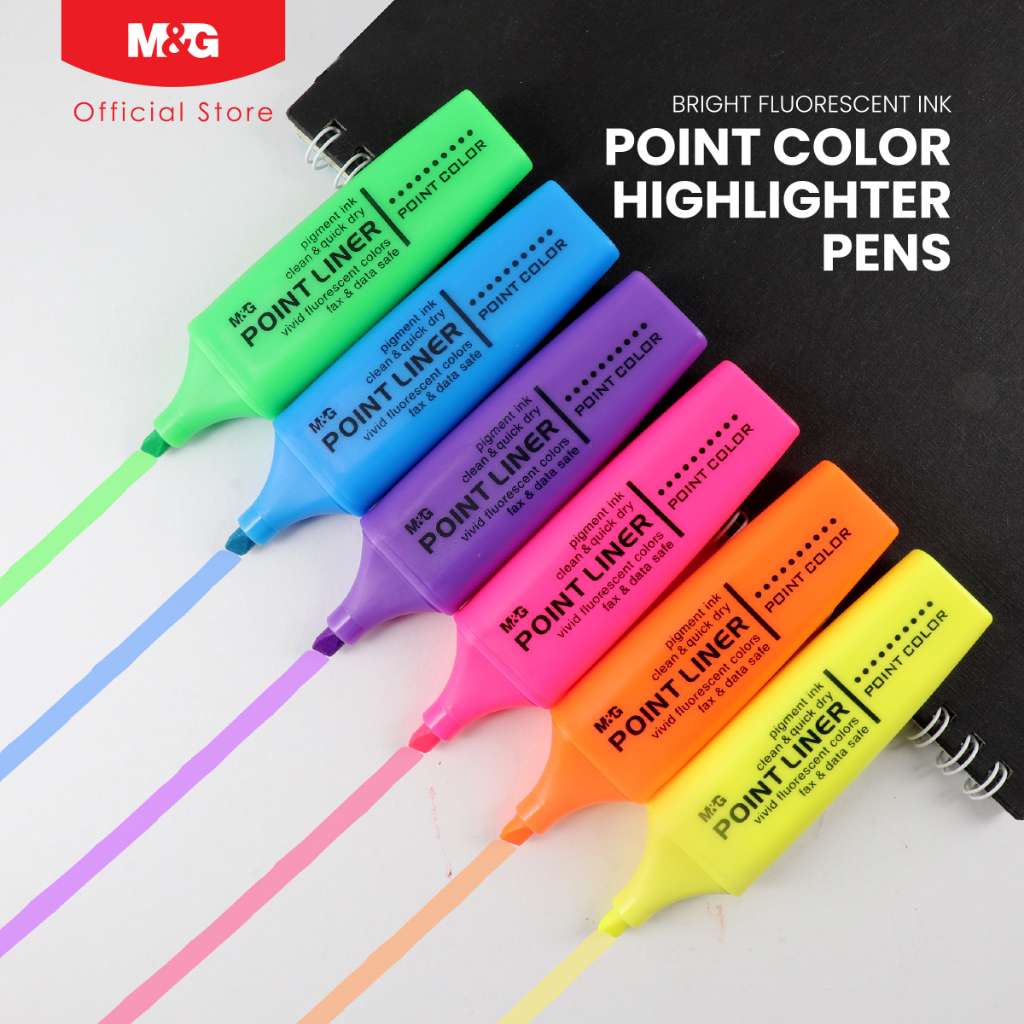 M&G Point Liner Colour Highlighter Pen - Chisel Tip, 6 Vivid Colors ...