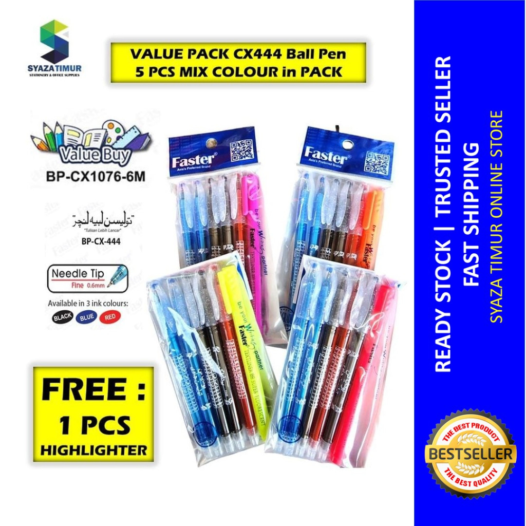 Value Set Faster Ball Pen CX444 5 PCS In Pack Free Highlighter | Jawi ...