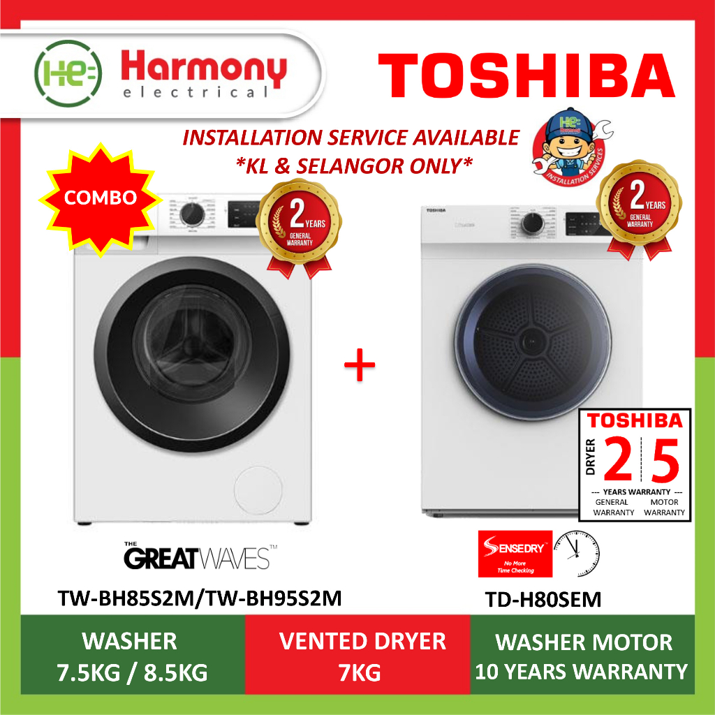 (COMBO OFFER) TOSHIBA 8.5kg Front Load Washer TW-BH95S2M Inverter + TOSHIBA 7kg Clothes Dryer TD ...