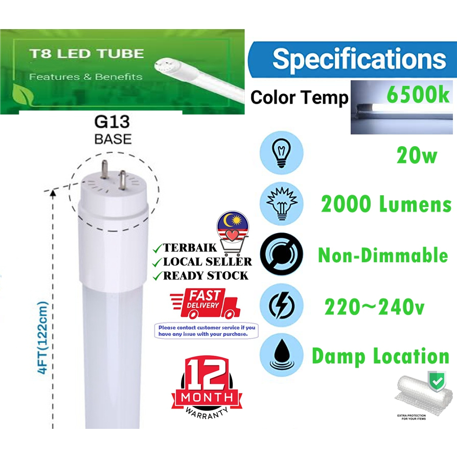 T8 LED Tube 4 Feet 18W / 20W /22W/ 28W / 30W/40W/50w LED T8 Lampu Kalimantang daylight/warm ...