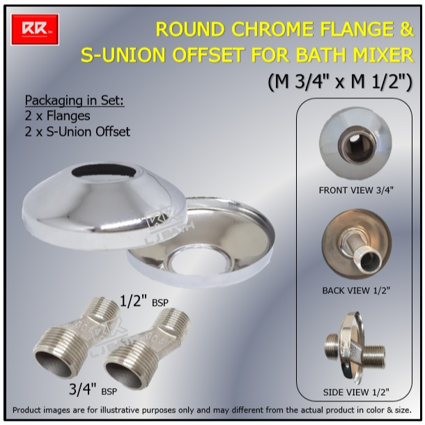 20mm (3/4") - ROUND CHROME FLANGE & S-UNION OFFSET FOR BATH MIXER ...