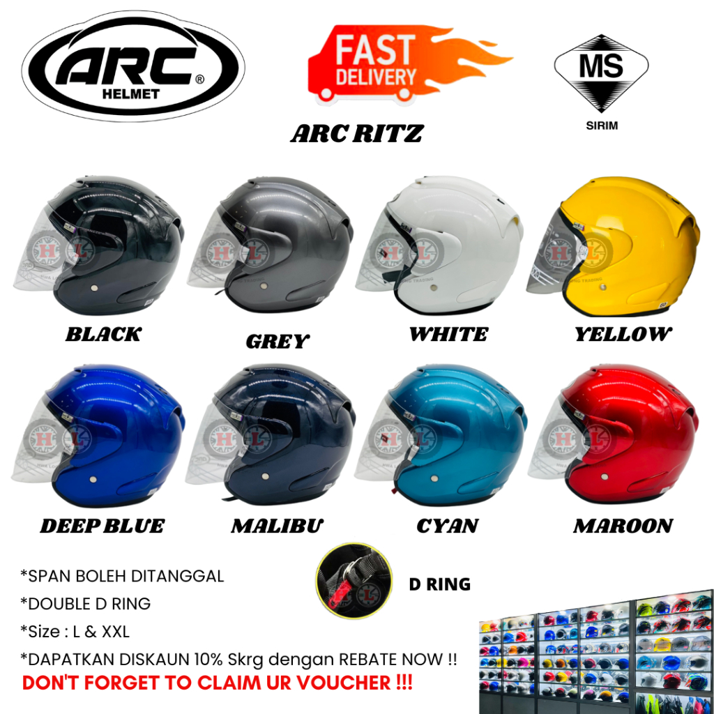 ARC RITZ PLAIN COLOUR OPEN FACE HELMET ORIGINAL ( HELMET ARC RITZ ...